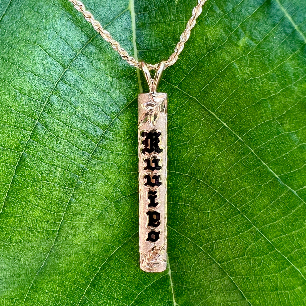 6mm "Kuuipo" Hawaiian Name Pendant w/ Shiny Maile in 14K or 18 Yellow