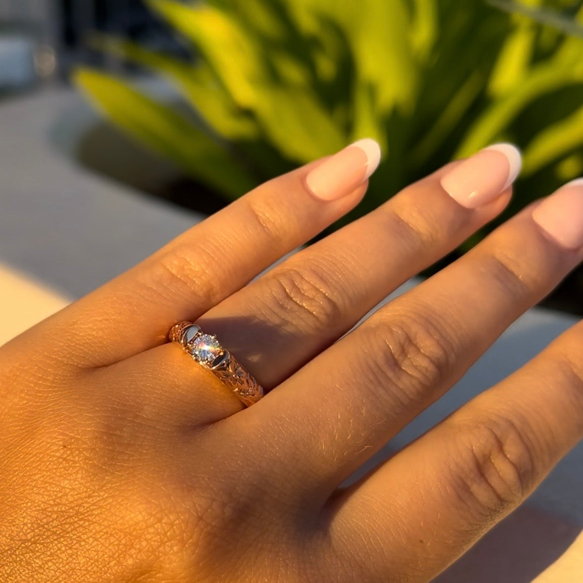 Old English & Hibiscus 4mm French Mount Solitaire Ring w/ .28ct Diamon