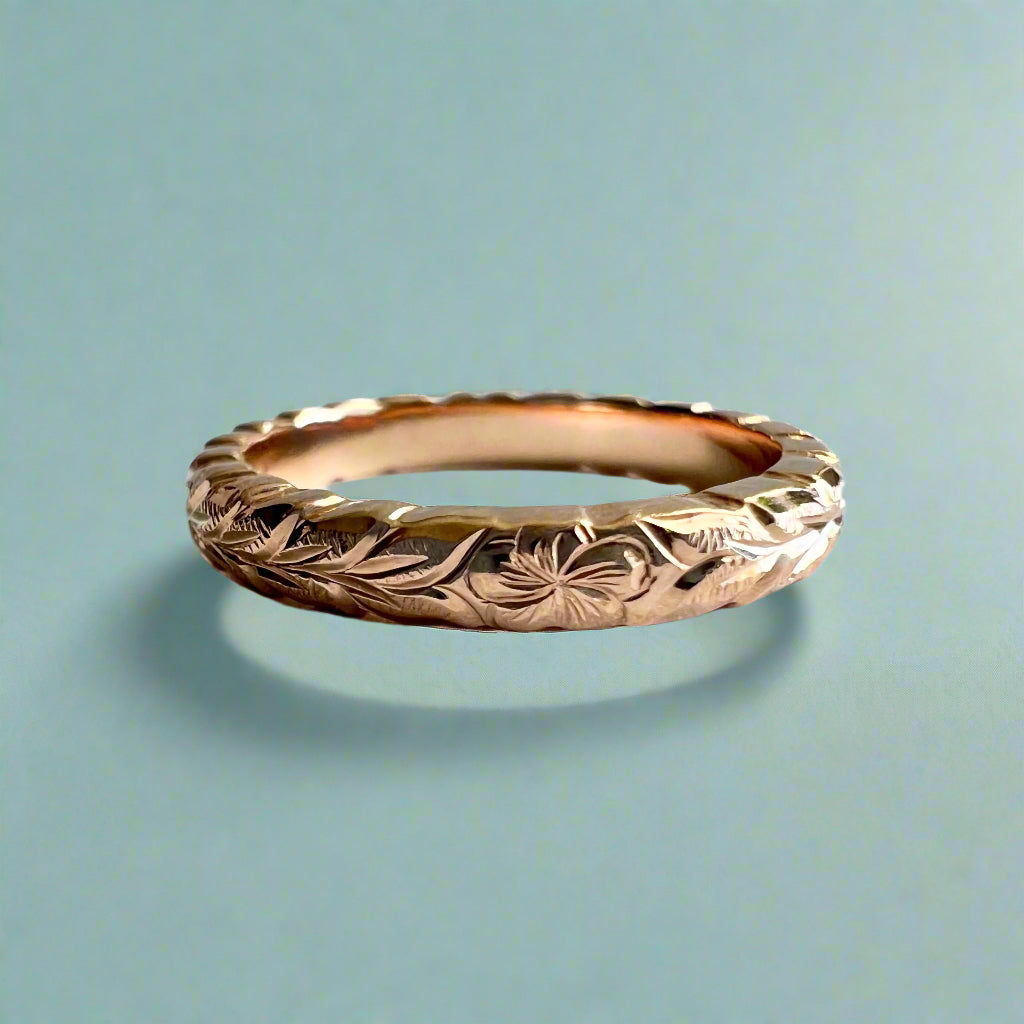 Scalloped Maile & Plumeria 3mm Ring in 14K Pink Gold