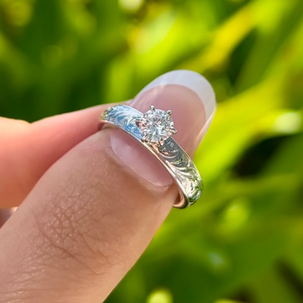 Shiny Old English 4mm Solitaire Ring w/ 5mm Cubic Zirconia in 14K Whit
