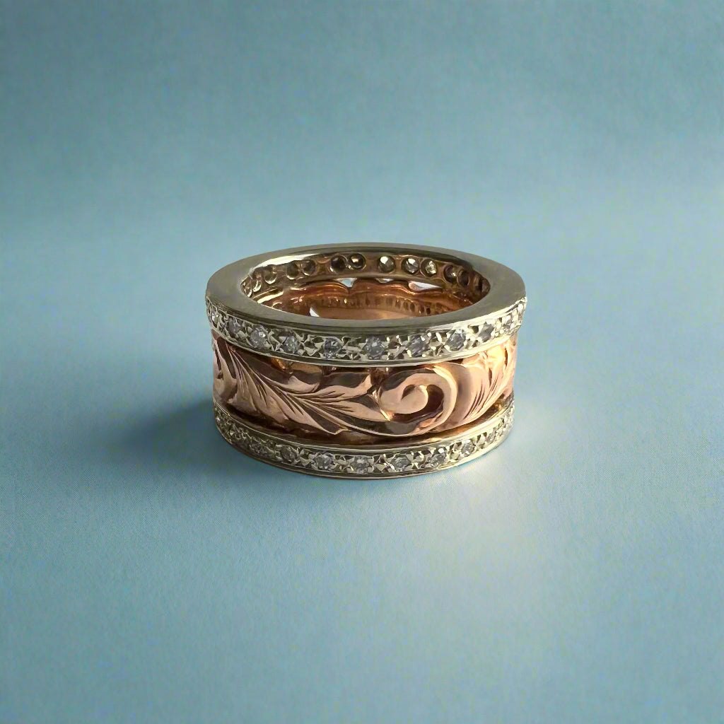 Two-Tone Diamond Border Old English 9mm Ring in 14K Pink & White Gold