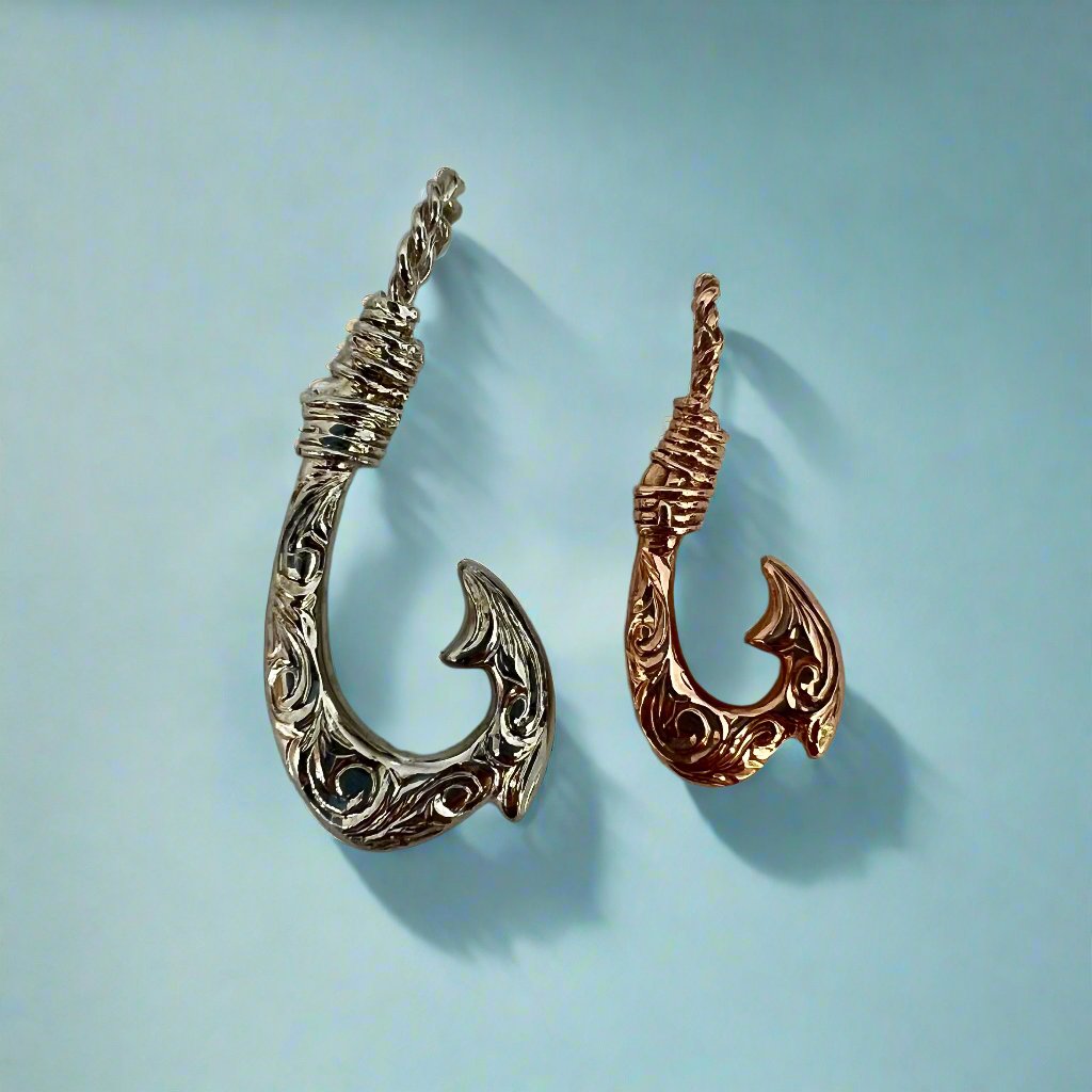 Old English Engraved Makau (Hawaiian Fish Hook) Pendant in 14K White o