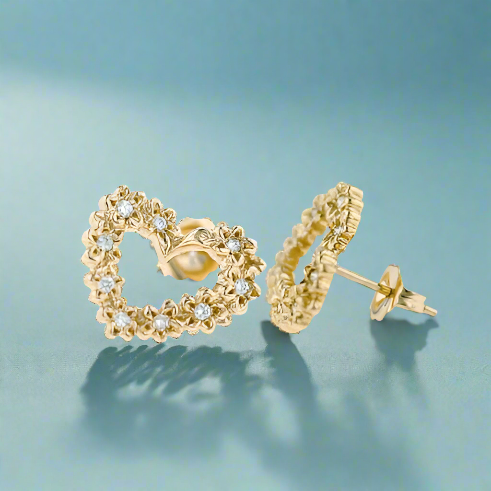 Hawaiian Slanted Heart Earrings w/ Plumerias & Diamonds in 14K Yellow