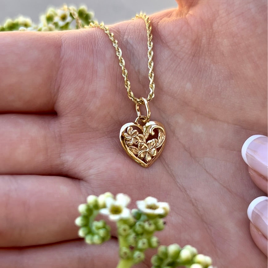 Small or Medium Filigree Plumeria & Old English Heart Pendant in 14K G